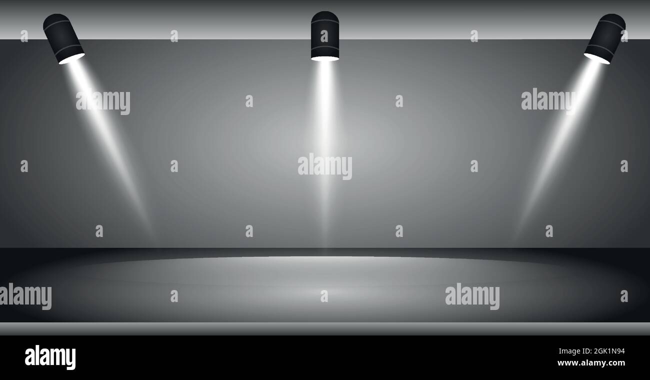 Realistic dark studio with spotlights lighting - Vector illustration ...
