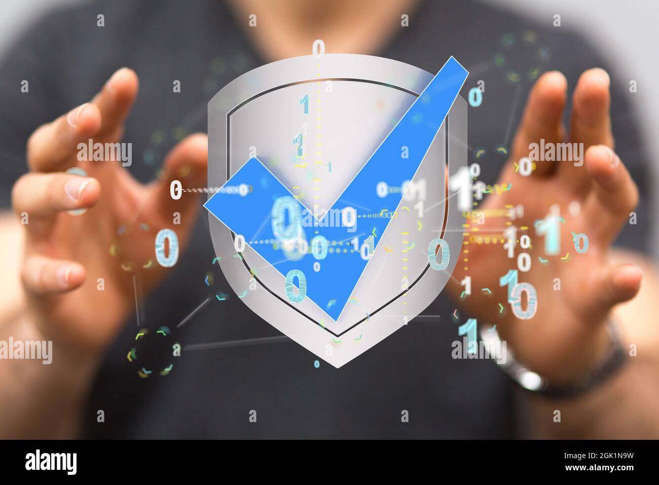 Person presenting the virtual projection of shield check mark icon with ...
