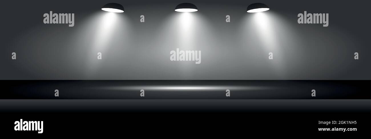 Realistic dark studio with spotlights lighting - Vector illustration ...