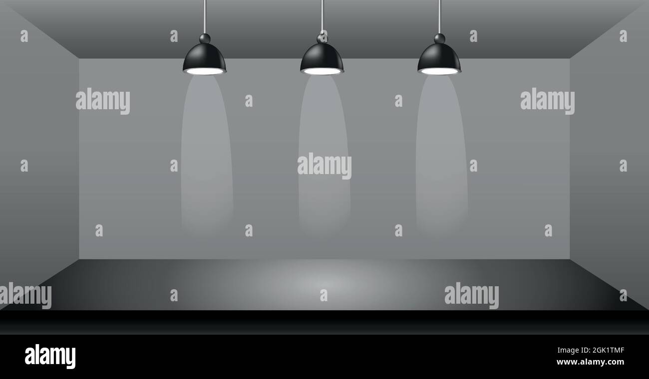 Realistic dark studio with spotlights lighting - Vector illustration ...