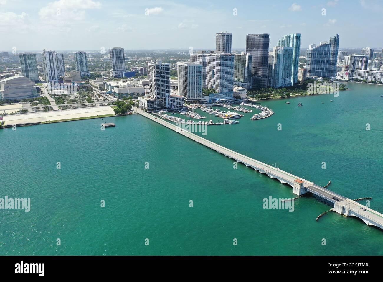 Aerial view of Venetian Causeway, North Biscayne Bay and skyline of ...