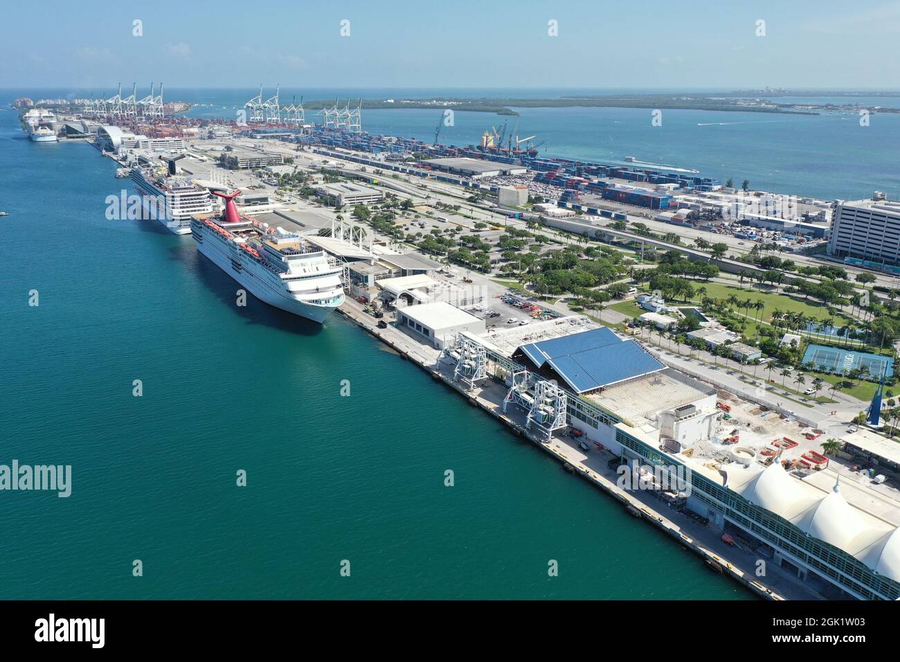 Aerial view of cruise ships docked at Port Miami, Florida on sunny ...