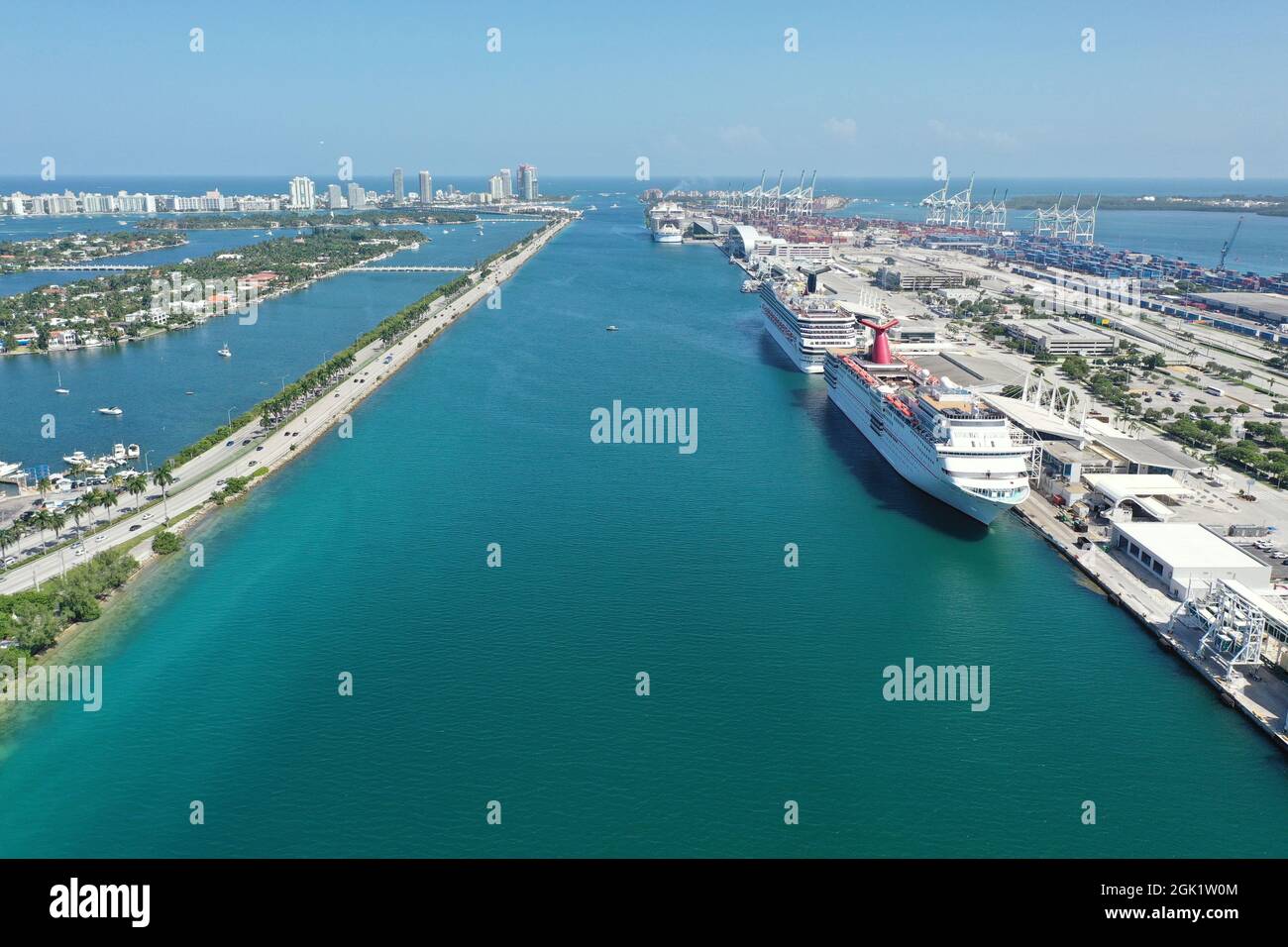 Aerial view of cruise ships docked at Port Miami, Florida on sunny ...