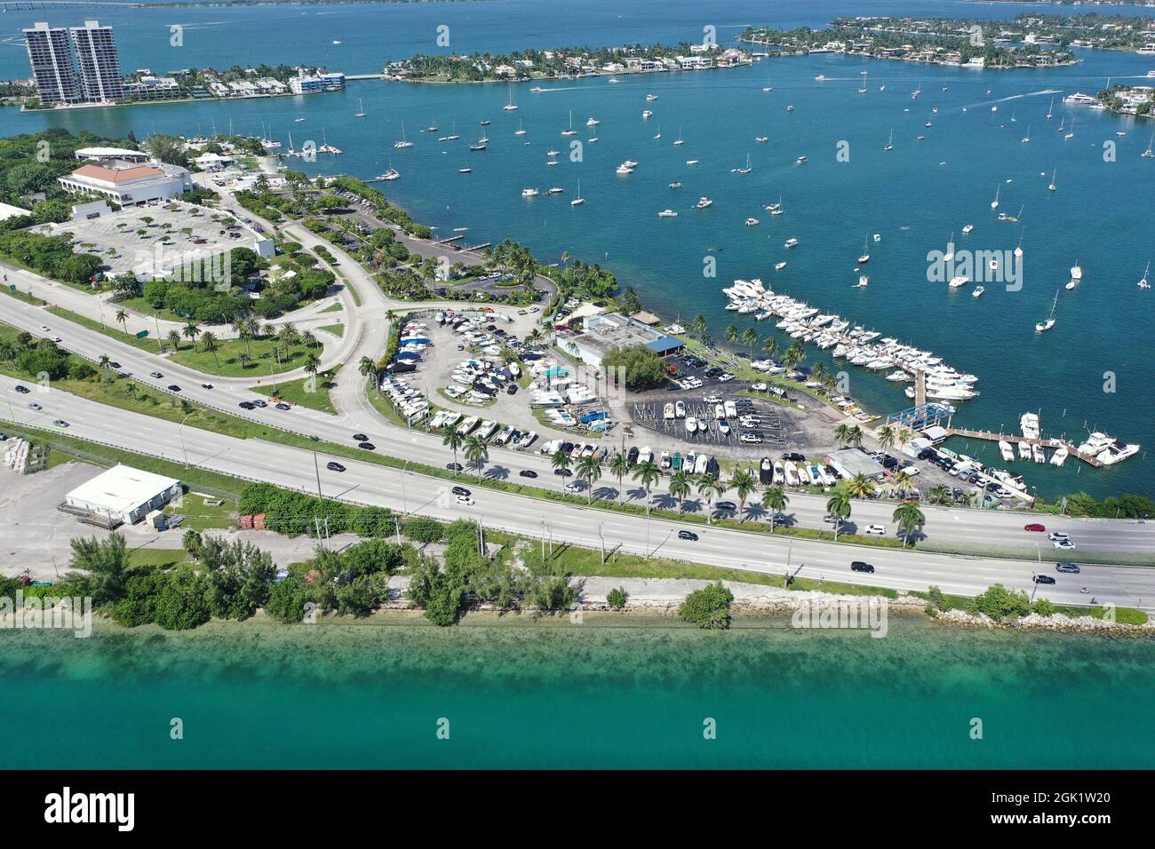 Aerial view of marina on Watson Island in Miami, Florida on clear sunny ...