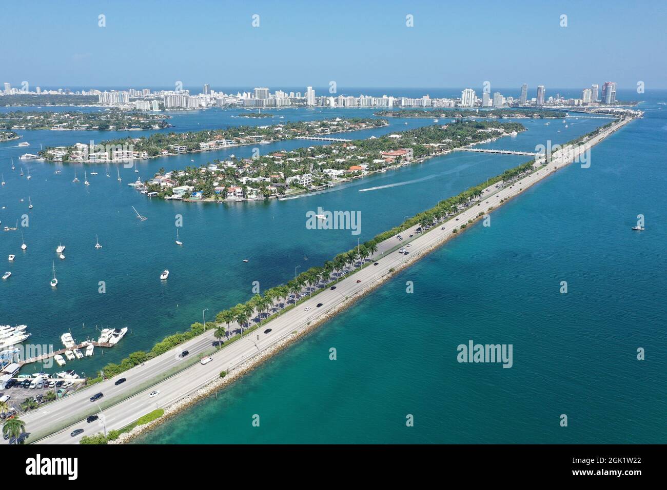 Aerial view of Palm and Hibiscus Islands and Miami Beach, Florida on a ...