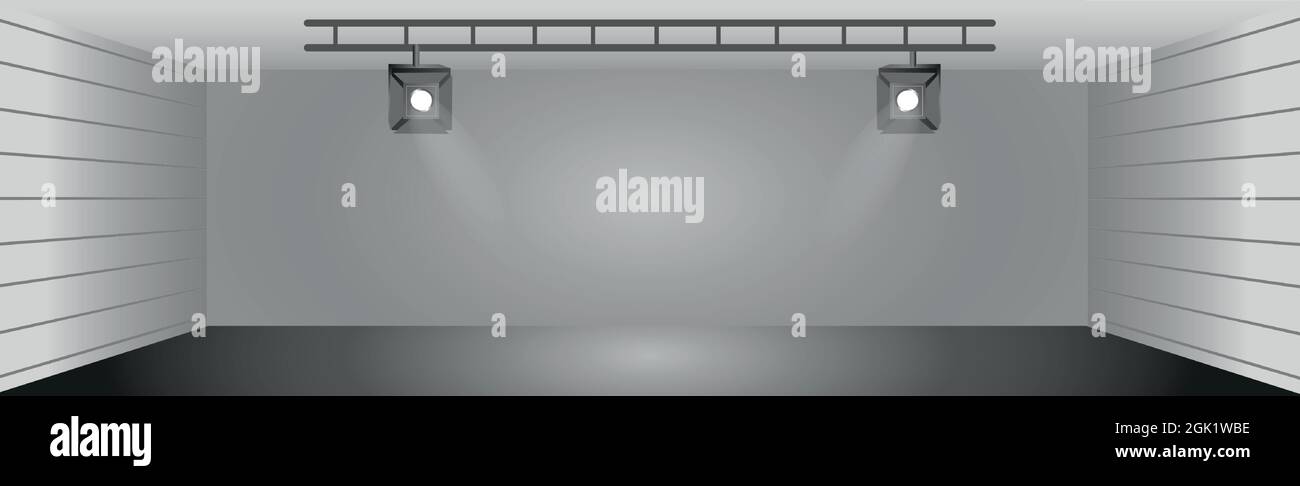 Realistic dark studio with spotlights lighting - Vector illustration ...