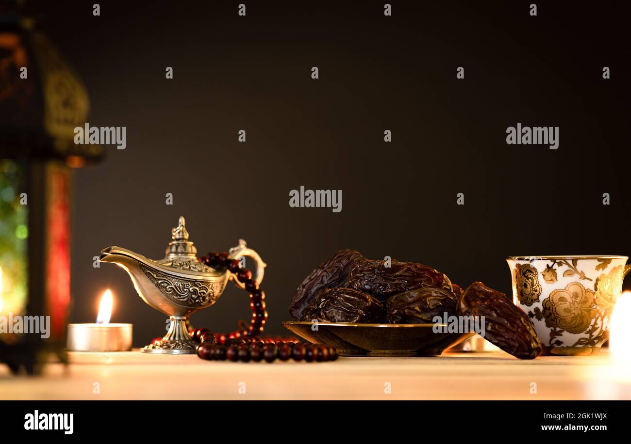 Ramadan food and drinks concept. Ramadan Lantern with arabian lamp ...