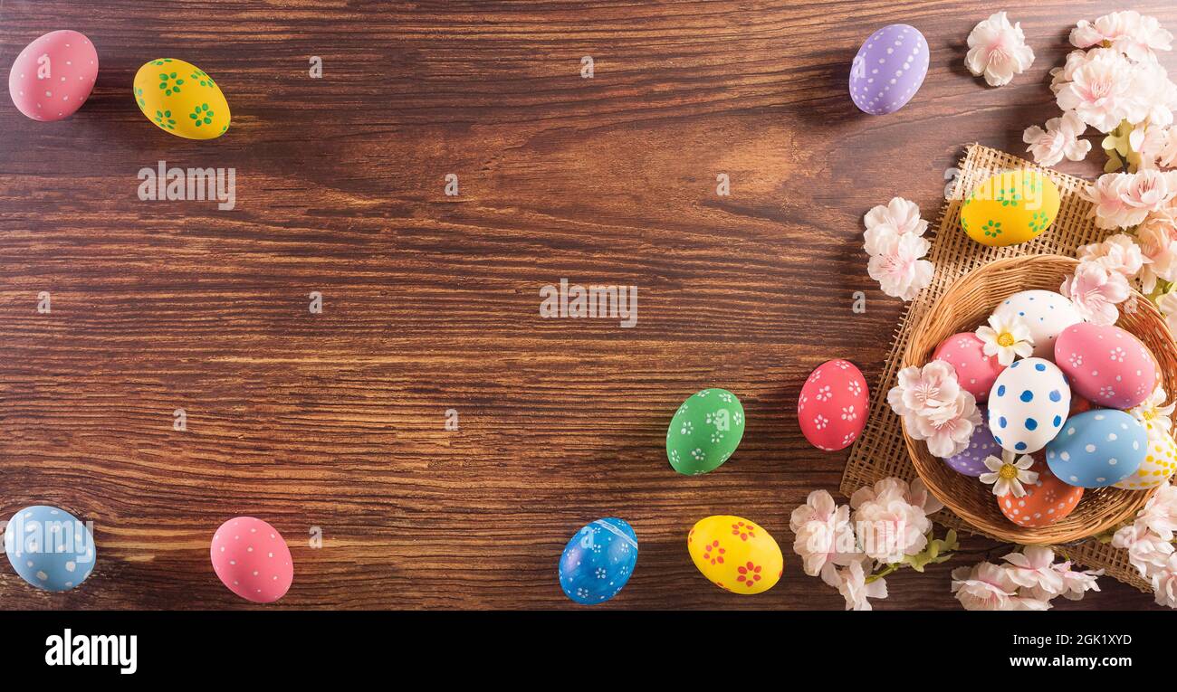 Happy easter! Colourful of Easter eggs in the nest with flower on dark ...