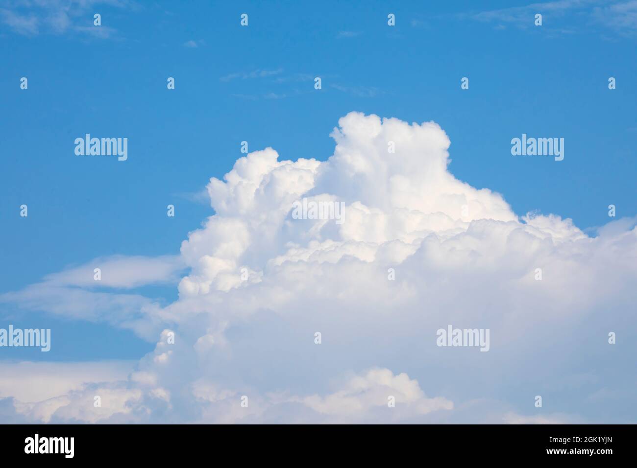 Background of blue sky with big white thick cloud. Noon, nice weather ...