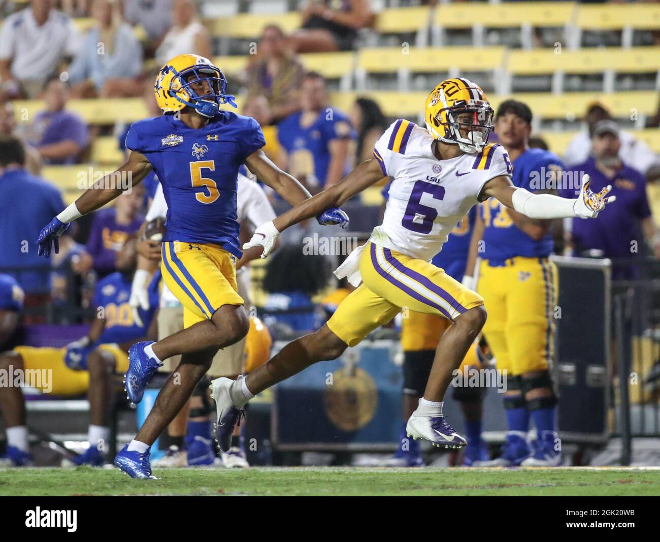 September 11, 2021: LSU wide receiver Deion Smith (6) reaches for a ...