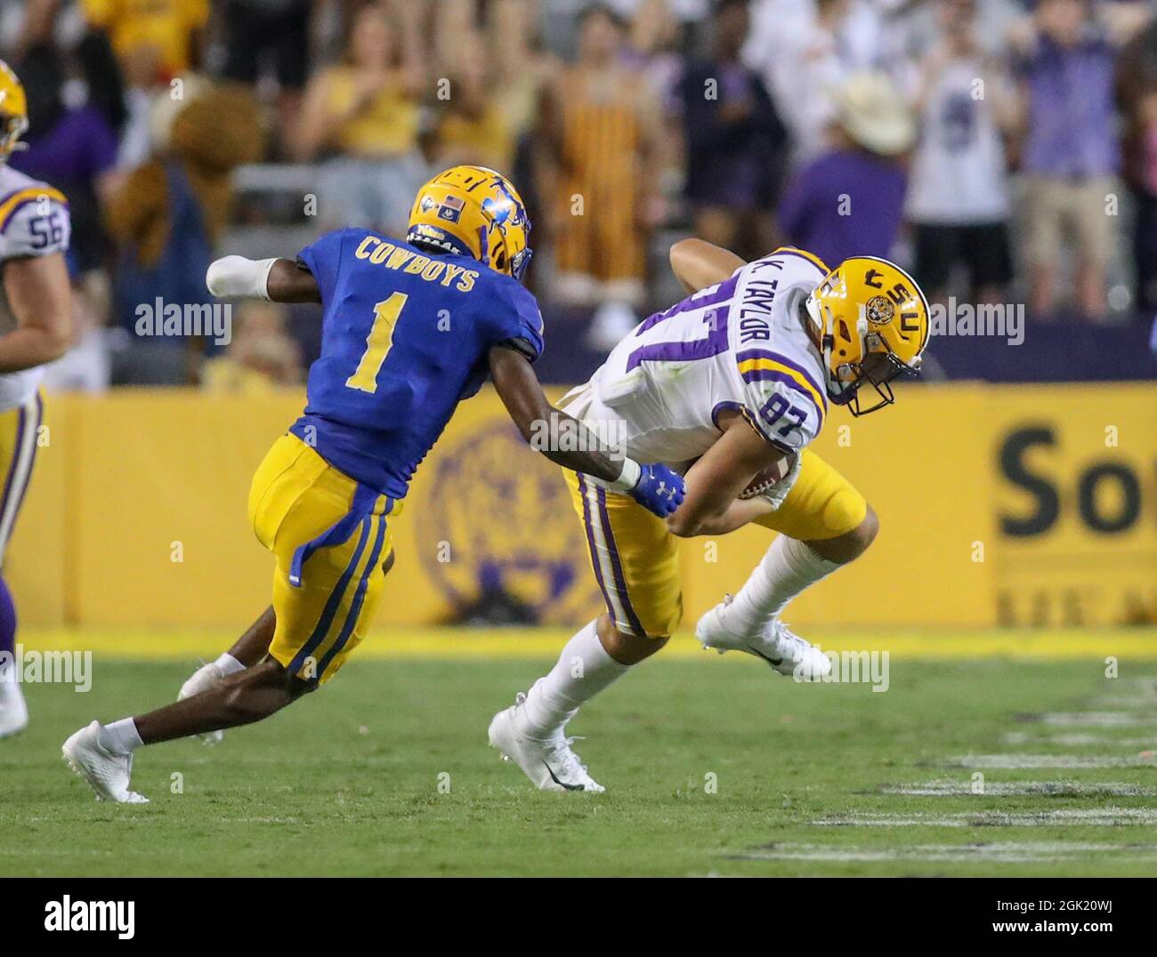 September 11, 2021: LSU tight end Kole Taylor (87) tries to break a ...