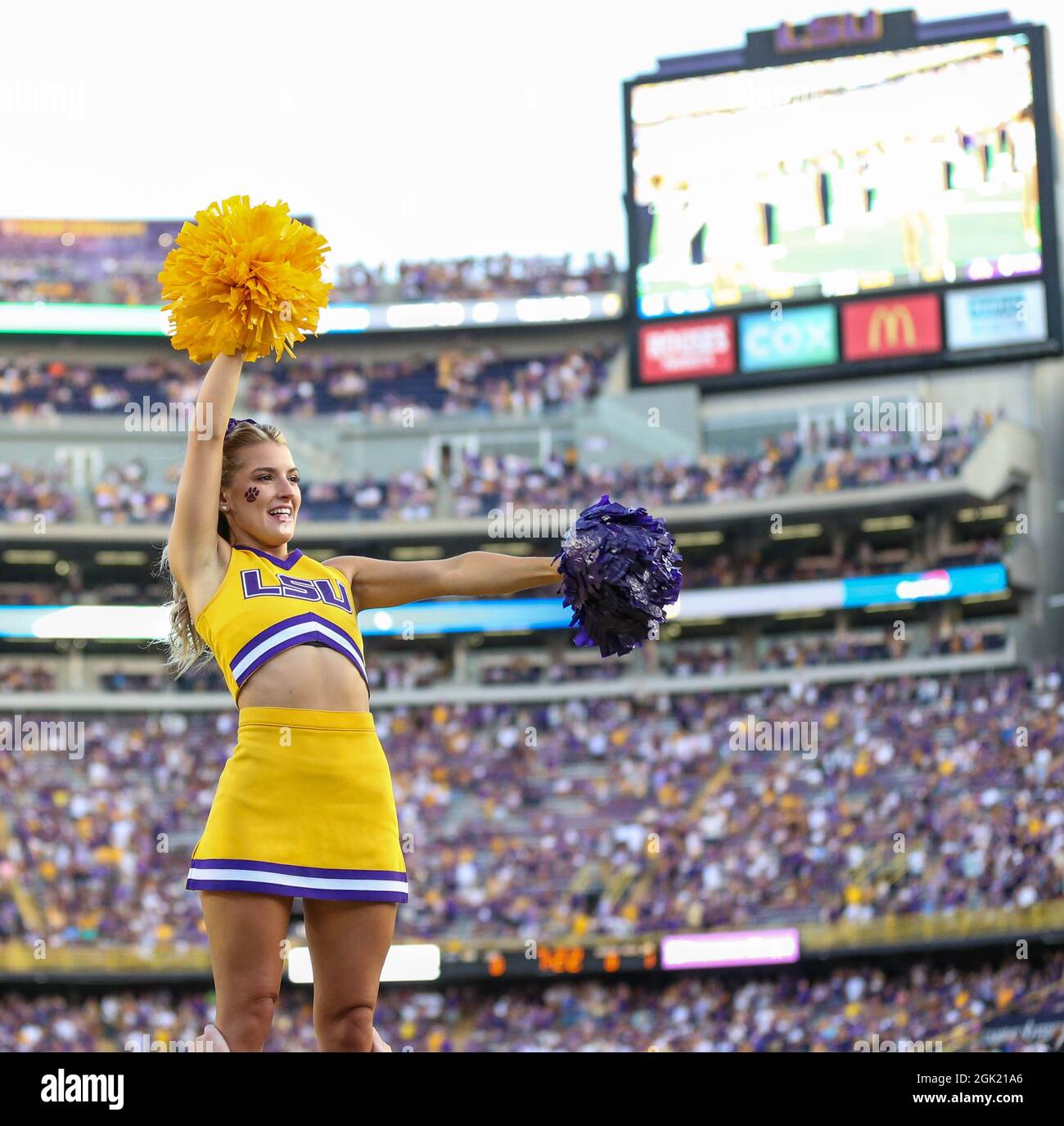 Baton Rouge, LA, USA. 11th Sep, 2021. A LSU cheerleader goes through a ...