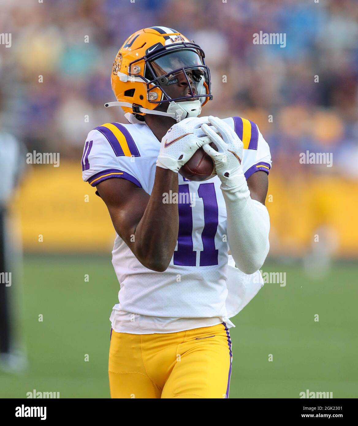 September 11, 2021: LSU receiver Brian Thomas Jr. (11) looks in a pass ...