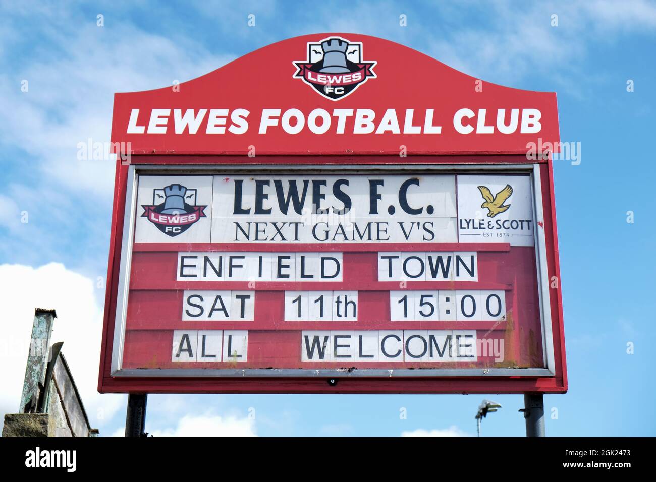 Lewes, UK. A sign outside the ground of Lewes Football Club in Sessex ...