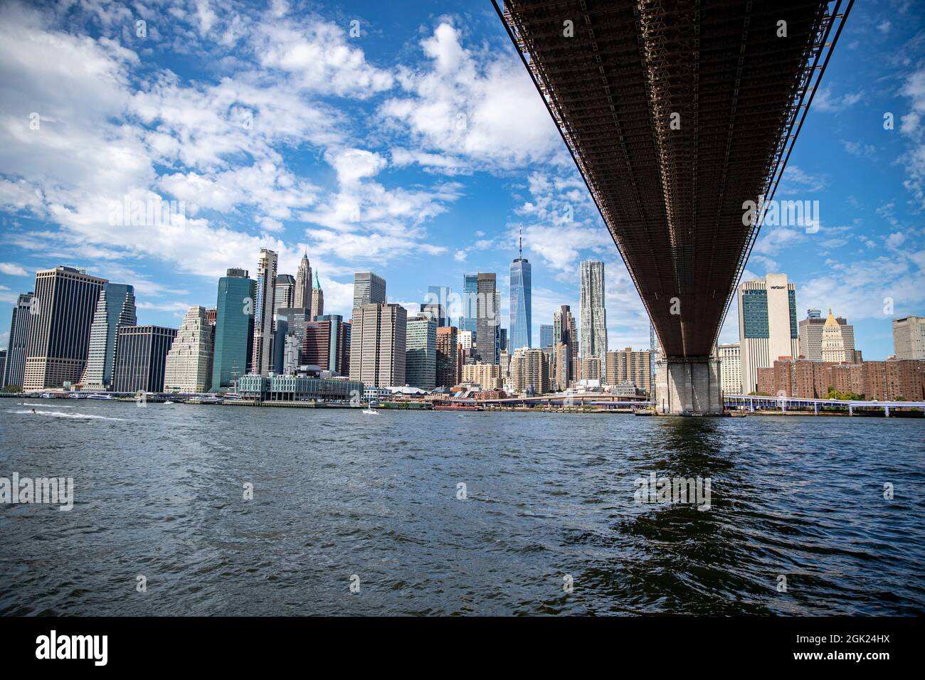 A view of the Manhattan skyline from the East River in New York City ...
