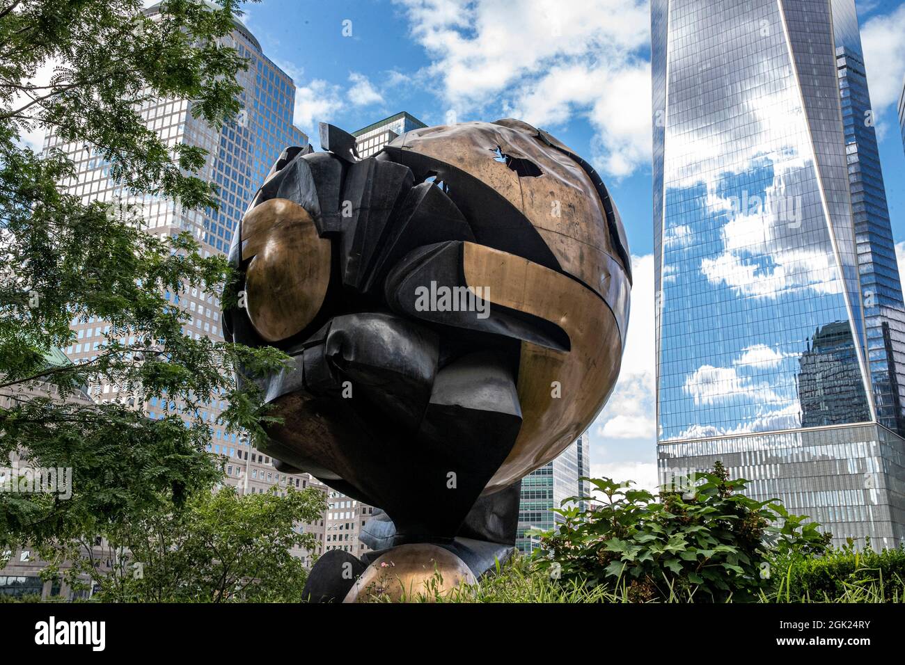 The Sphere rests at its new home across from the World Trade Center ...