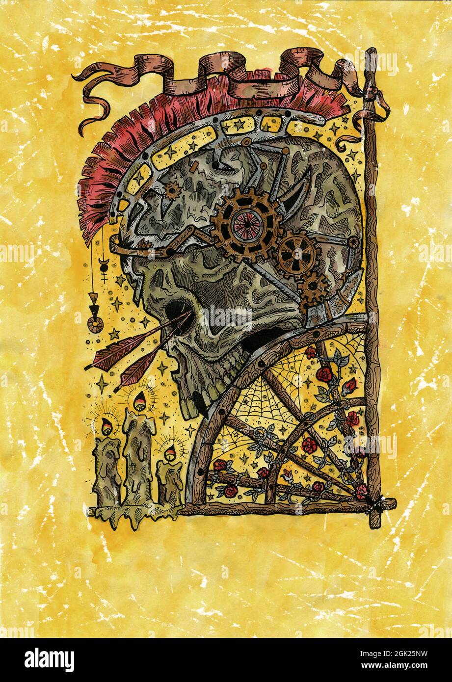 Grunge watercolor illustration of creepy skull of warrior with arrow ...
