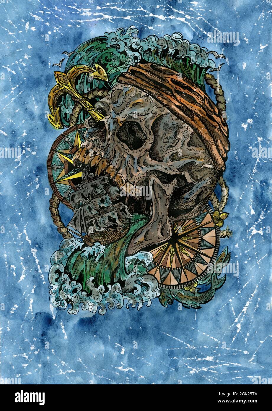 Grunge watercolor illustration of creepy skull with nautical symbols ...