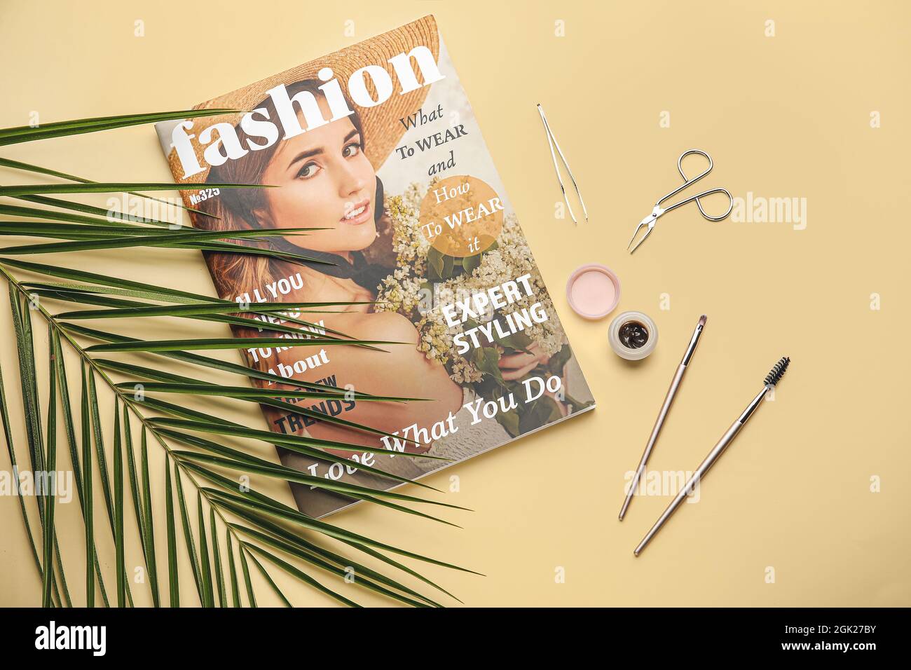 Fashion magazine, henna and tools for eyebrows correction on color ...