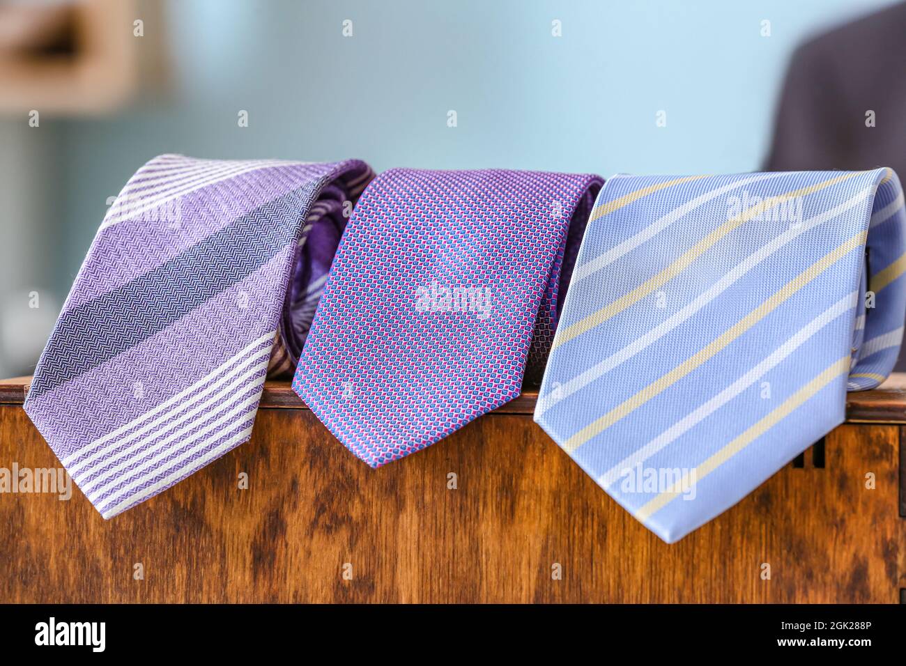 Stylish neckties on wooden box, closeup Stock Photo - Alamy