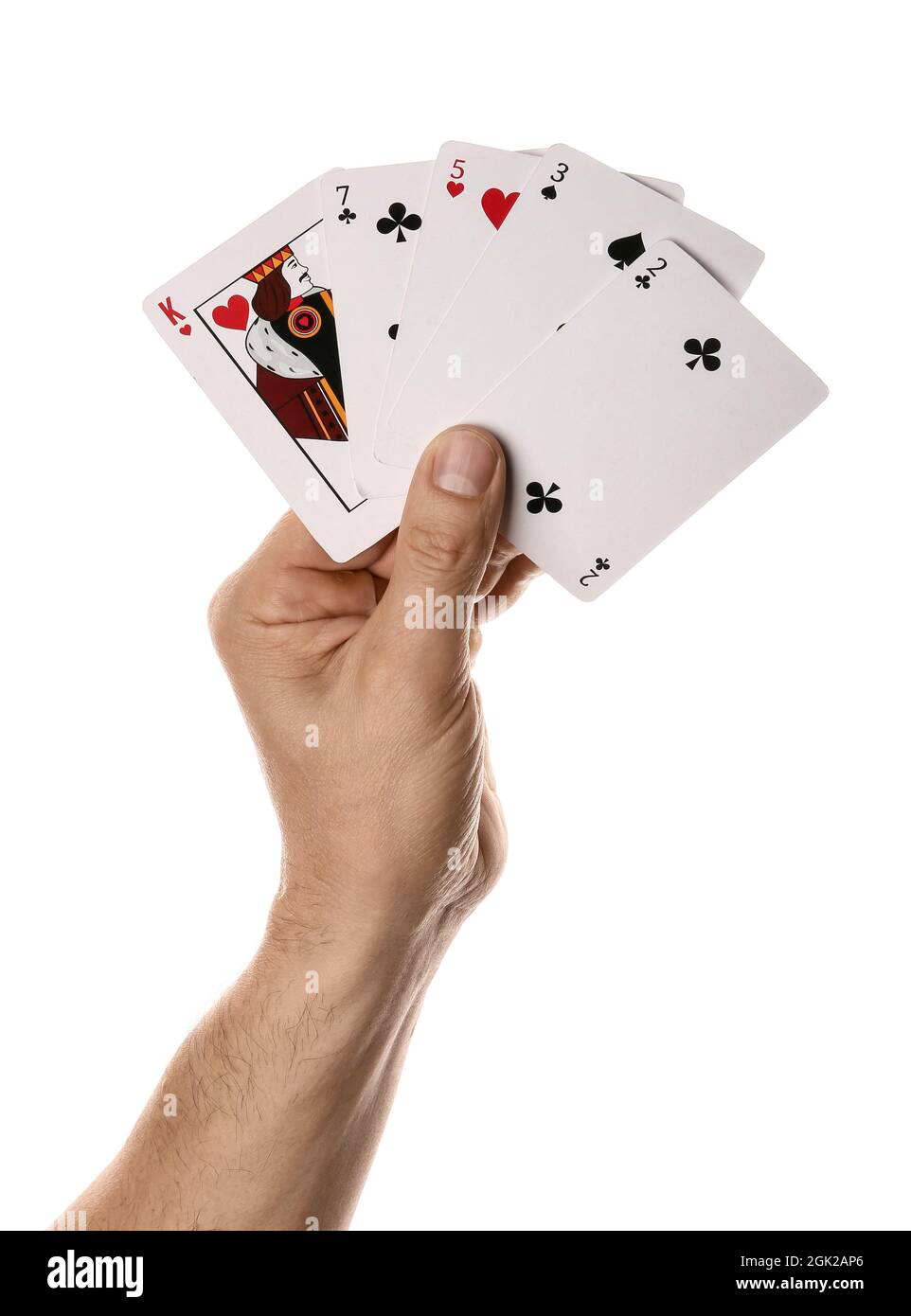 Male hand with playing cards for poker on white background Stock Photo ...