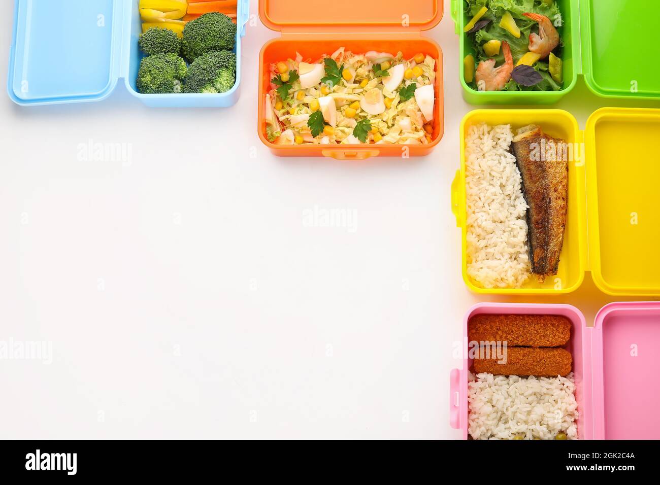 Many plastic containers with healthy food on white background Stock ...