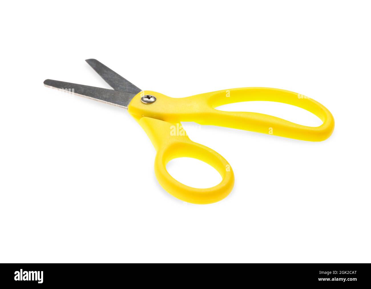 Yellow scissors on white background Stock Photo - Alamy