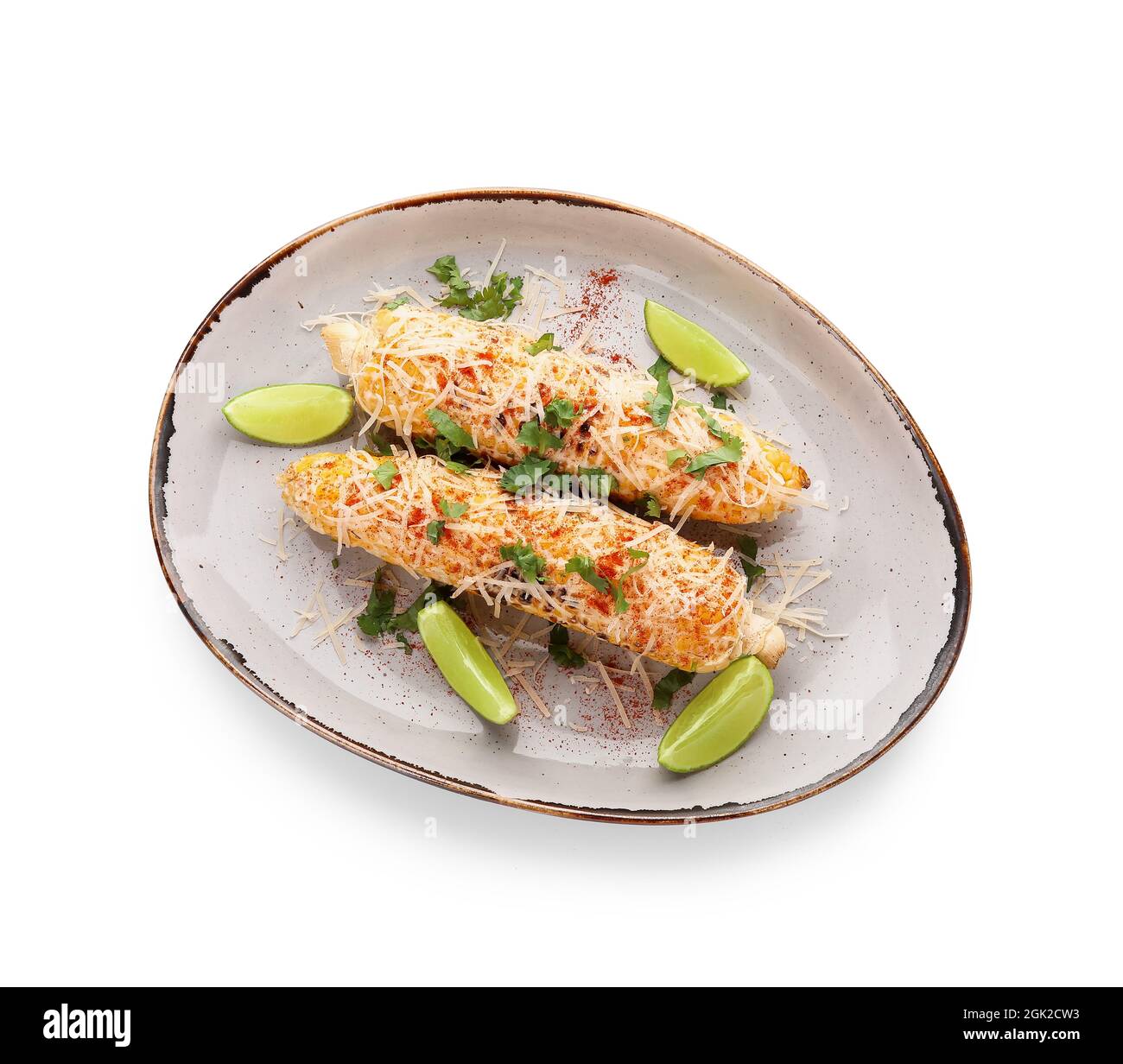 Plate with tasty Elote Mexican Street Corn on white background Stock ...