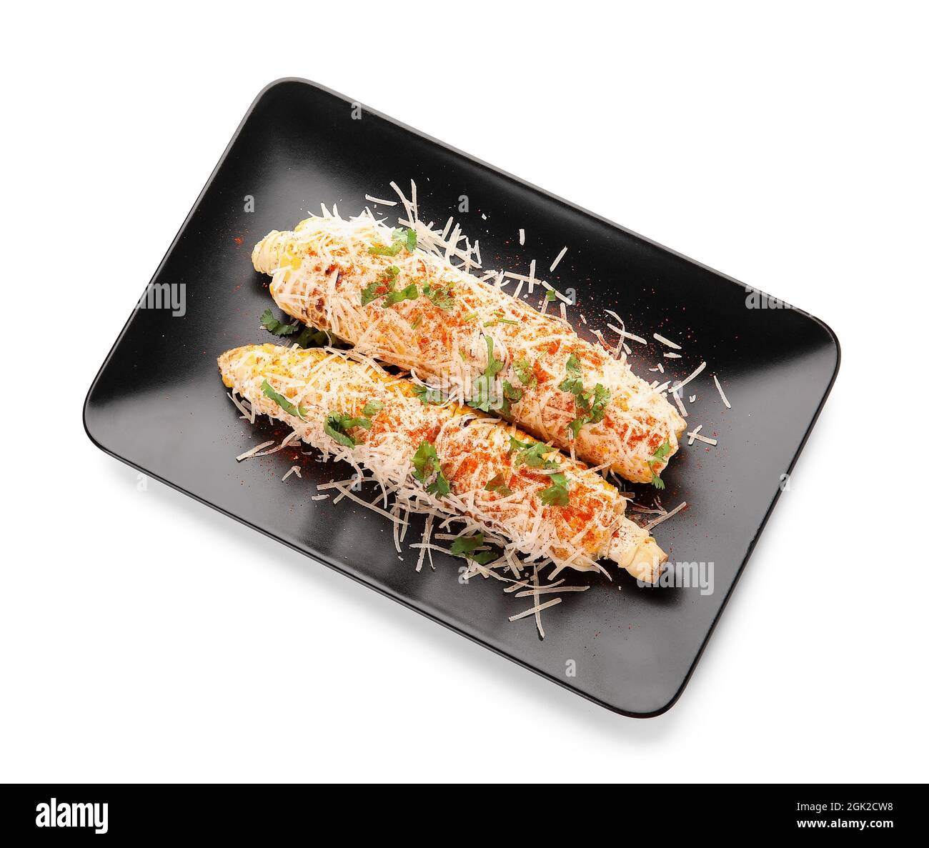 Plate with tasty Elote Mexican Street Corn on white background Stock ...