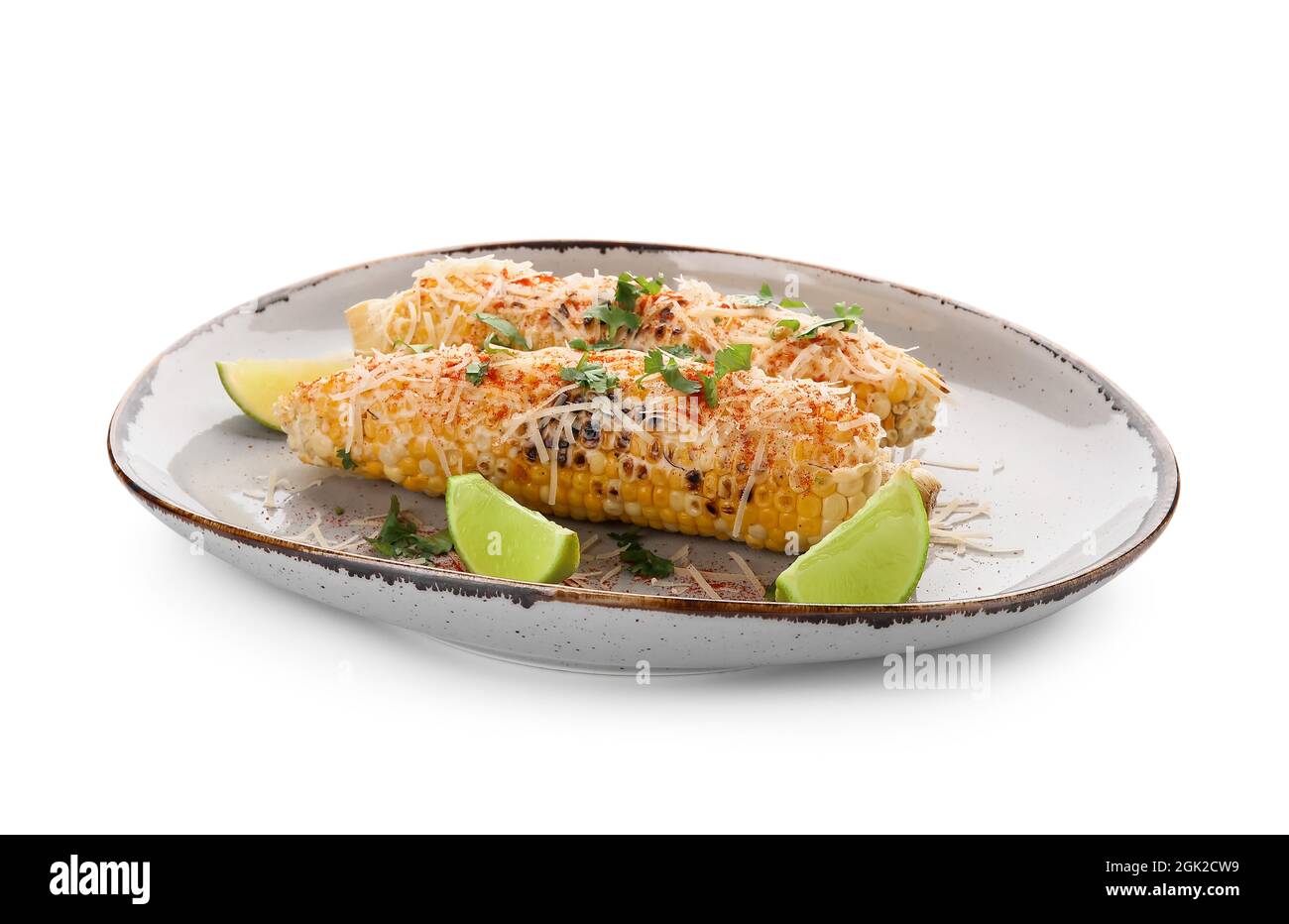 Plate with tasty Elote Mexican Street Corn on white background Stock ...