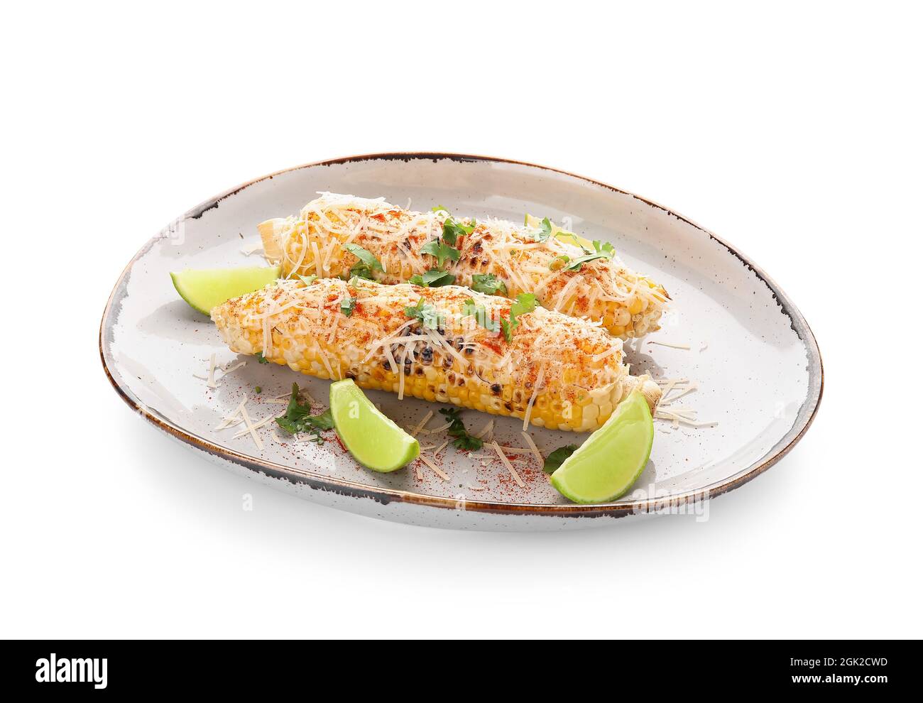Plate with tasty Elote Mexican Street Corn on white background Stock ...