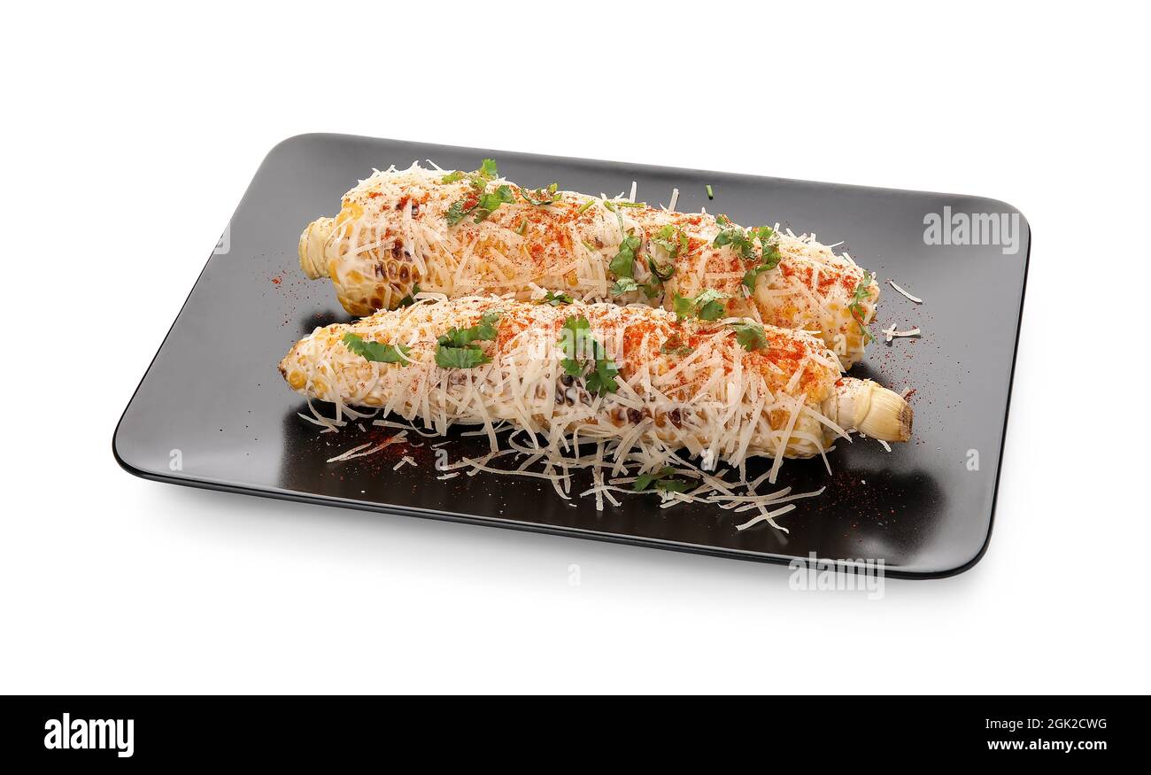 Plate with tasty Elote Mexican Street Corn on white background Stock ...