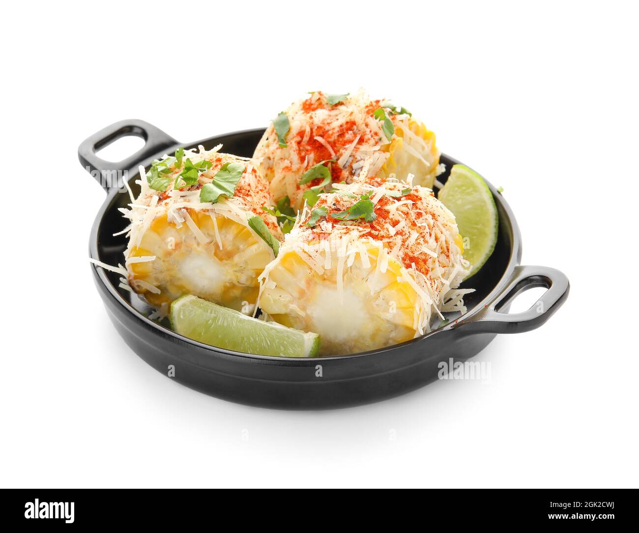 Frying pan with tasty Elote Mexican Street Corn on white background ...