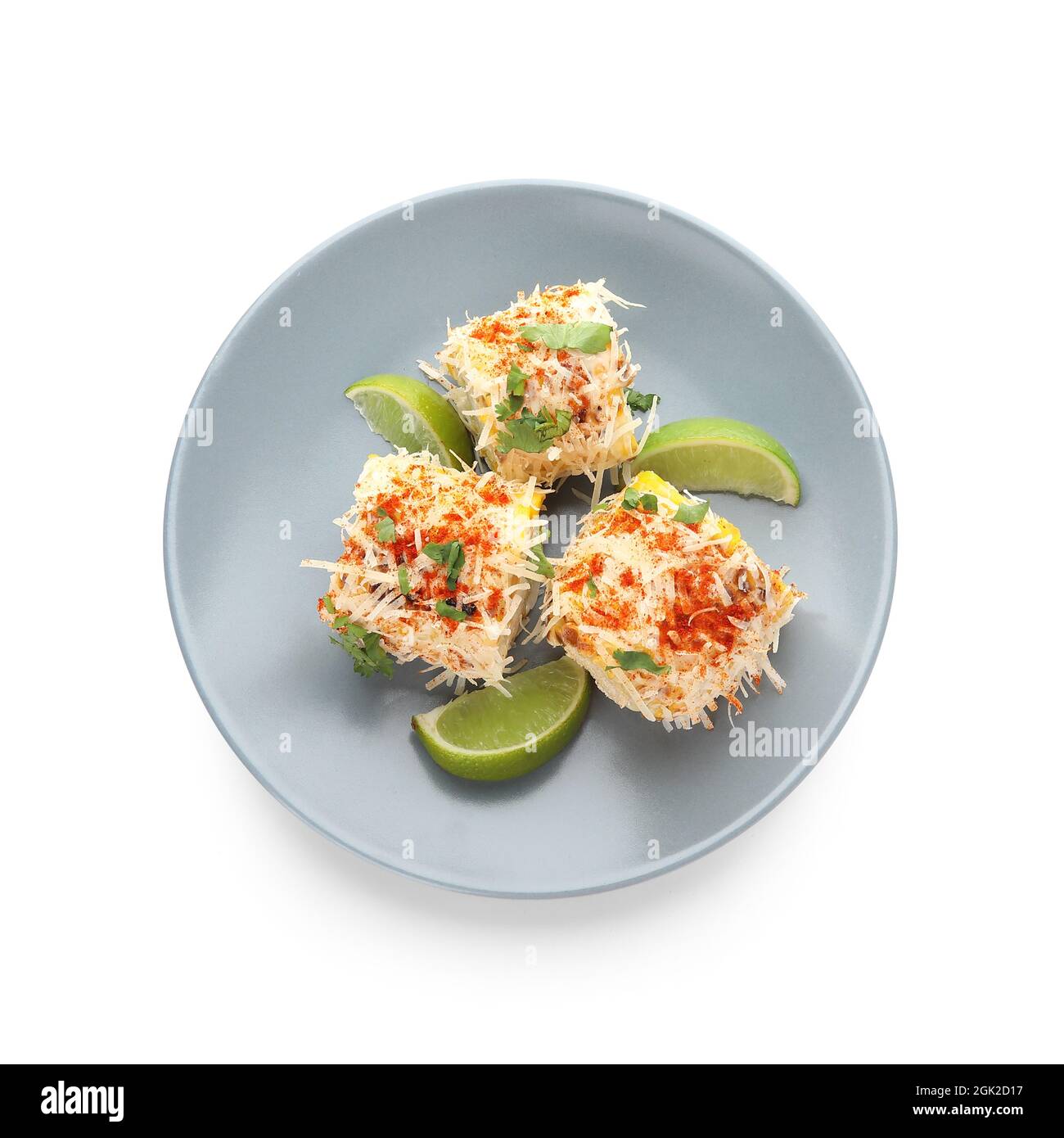Plate with tasty Elote Mexican Street Corn on white background Stock ...