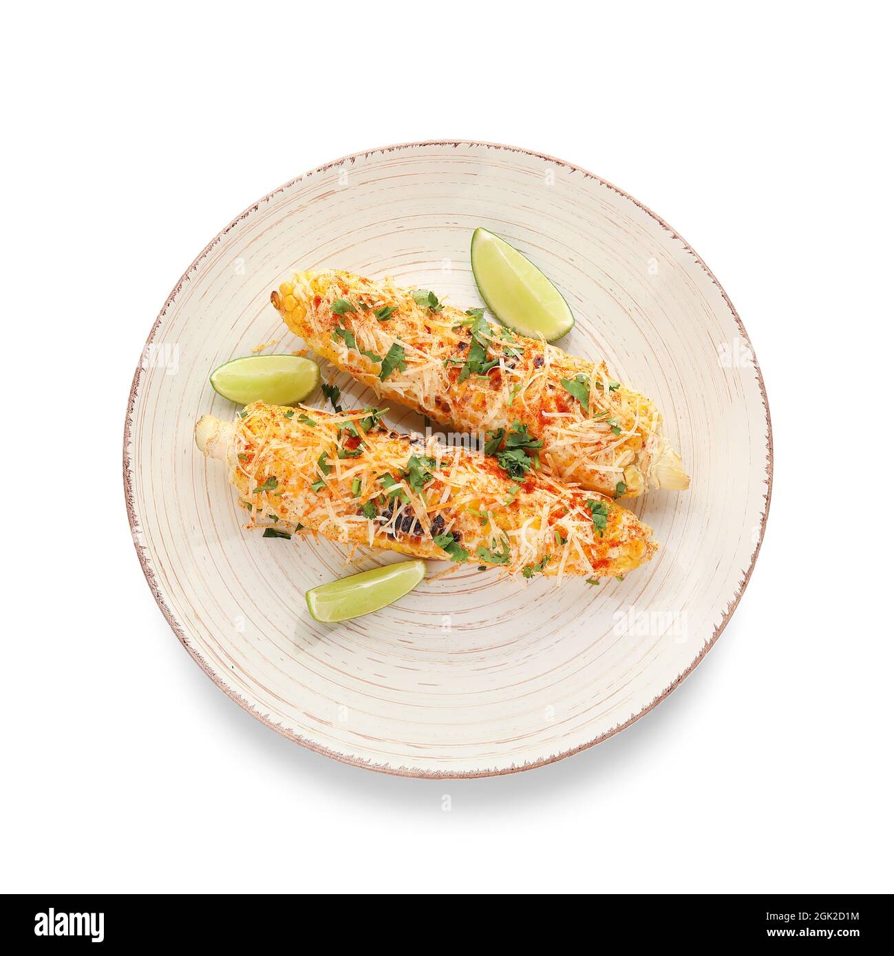 Plate with tasty Elote Mexican Street Corn on white background Stock ...