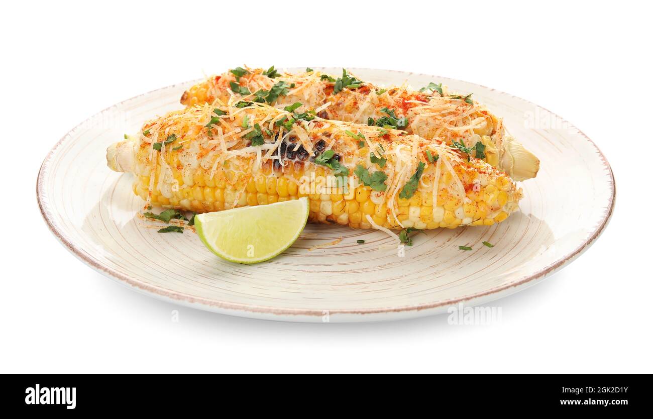 Plate with tasty Elote Mexican Street Corn isolated on white background ...