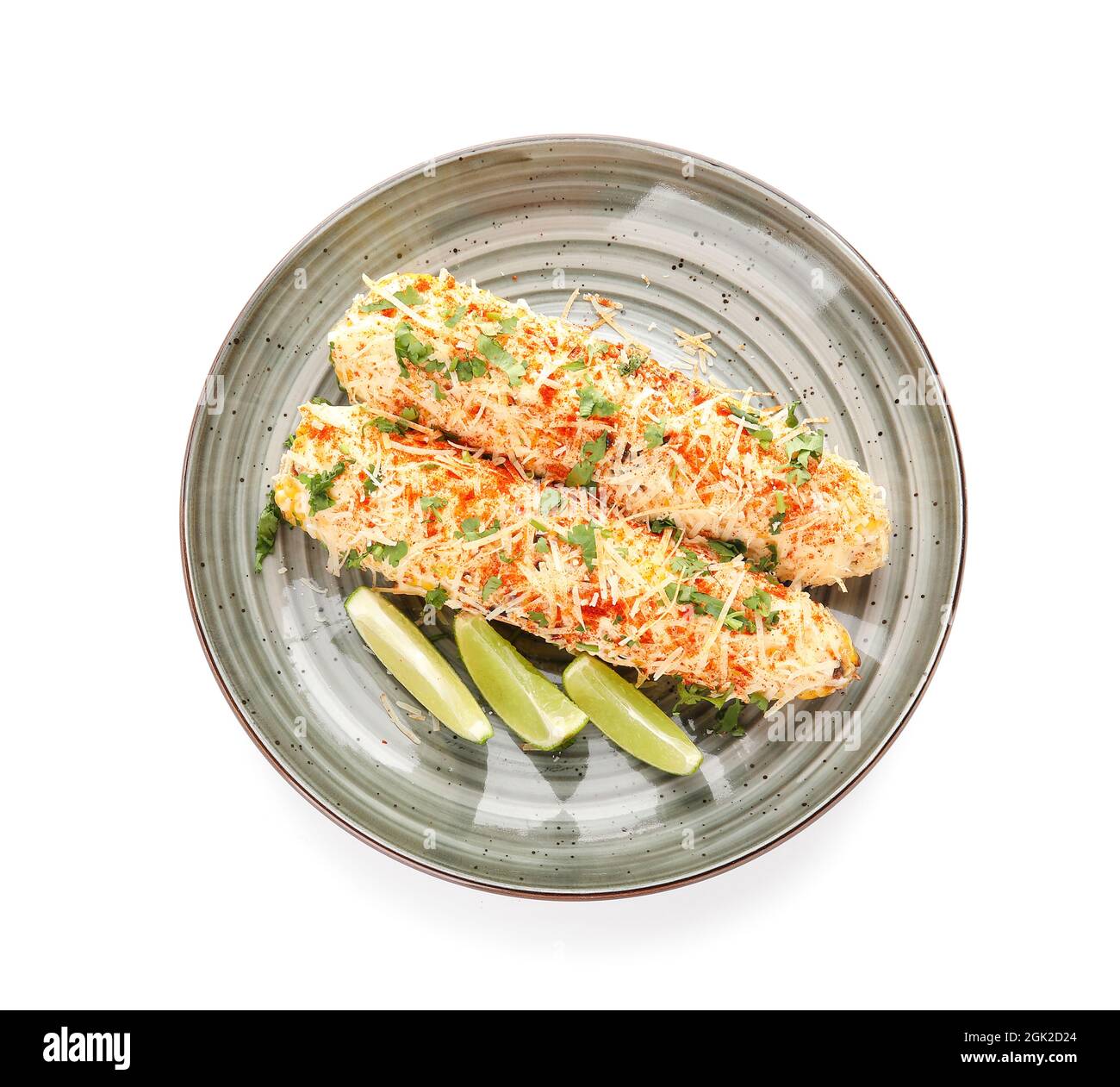 Plate with tasty Elote Mexican Street Corn on white background Stock ...