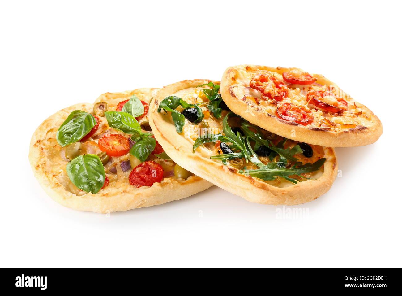 Tasty mini pizzas on white background Stock Photo - Alamy