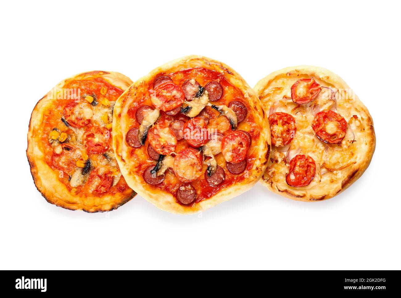 Tasty mini pizzas on white background Stock Photo - Alamy