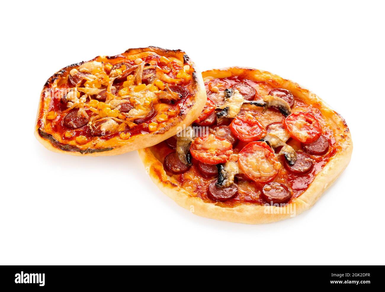 Tasty mini pizzas on white background Stock Photo - Alamy
