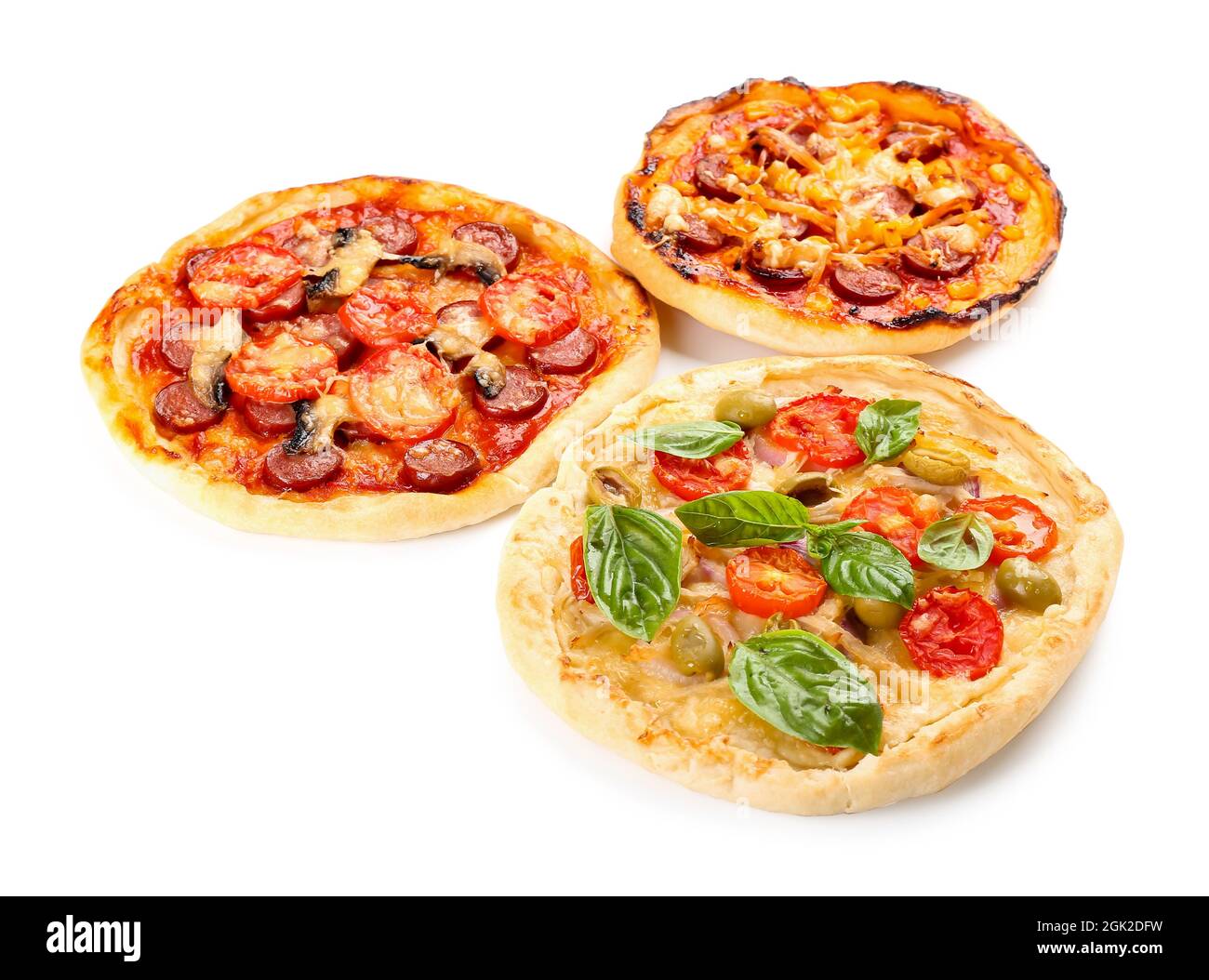 Tasty mini pizzas on white background Stock Photo - Alamy