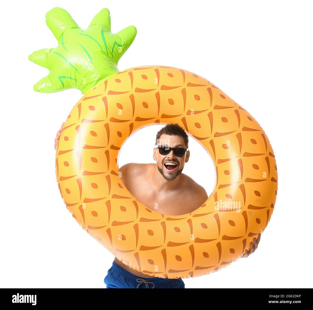 Young man with inflatable ring on white background Stock Photo - Alamy