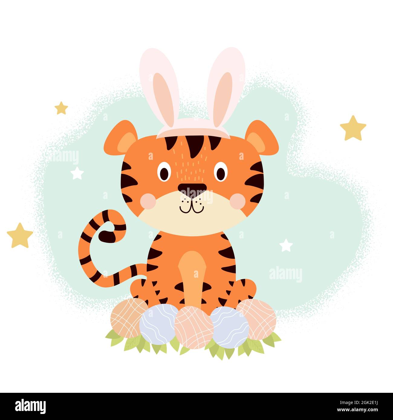card with a cute tiger. Tiger with Easter bunny ears sits in Easter ...