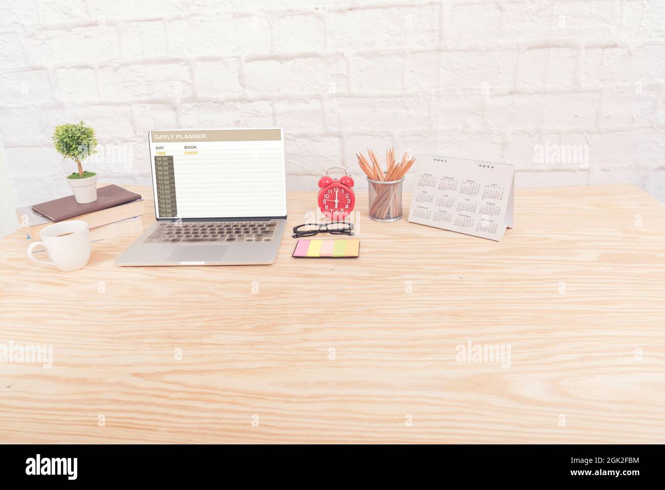 Office stuff stationery with copy space on wooden table and white ...
