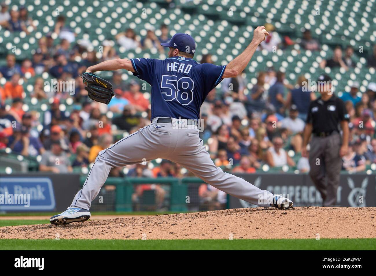 Detroit MI, USA. 12th Sep, 2021. Detroit pitcher Louis Head (58) throws ...