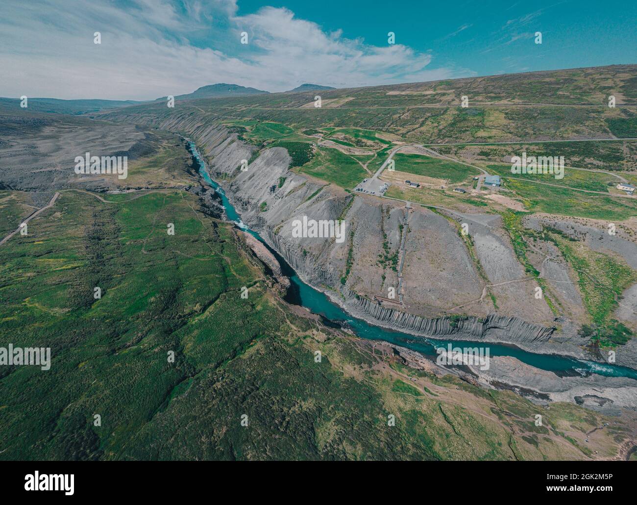 Aerial drone panorama of studlagil canyon in Iceland, picturesque valley with basalt columns ...