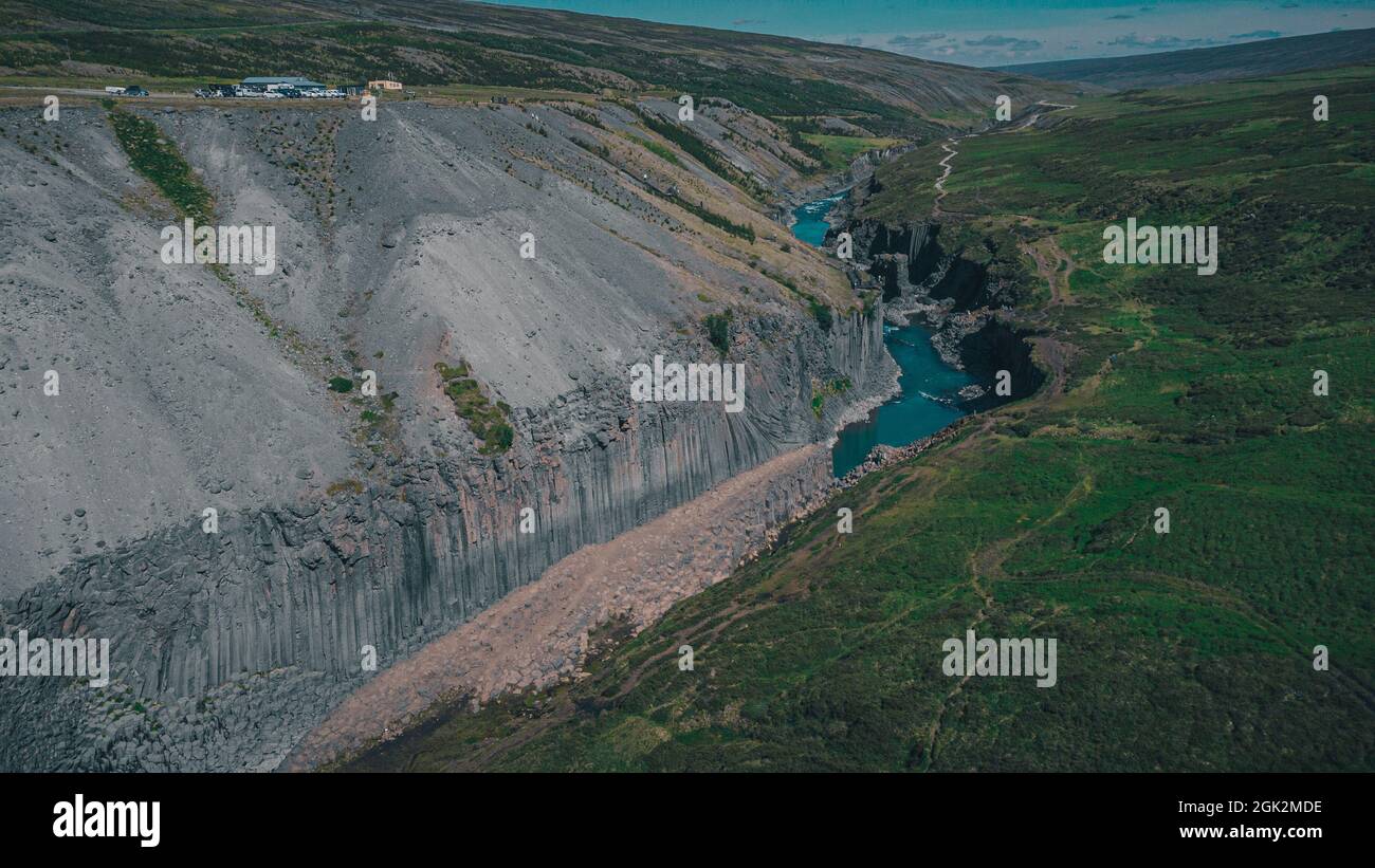 Aerial drone panorama of studlagil canyon in Iceland, picturesque valley with basalt columns ...