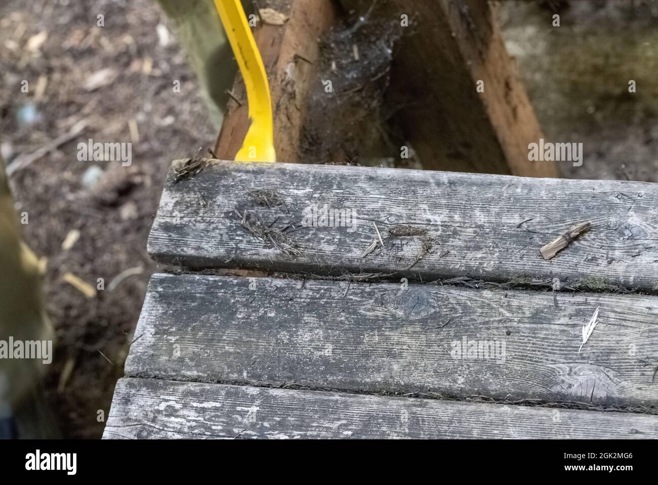 close up of yellow crowbar prying up old planks from a wooden deck ...