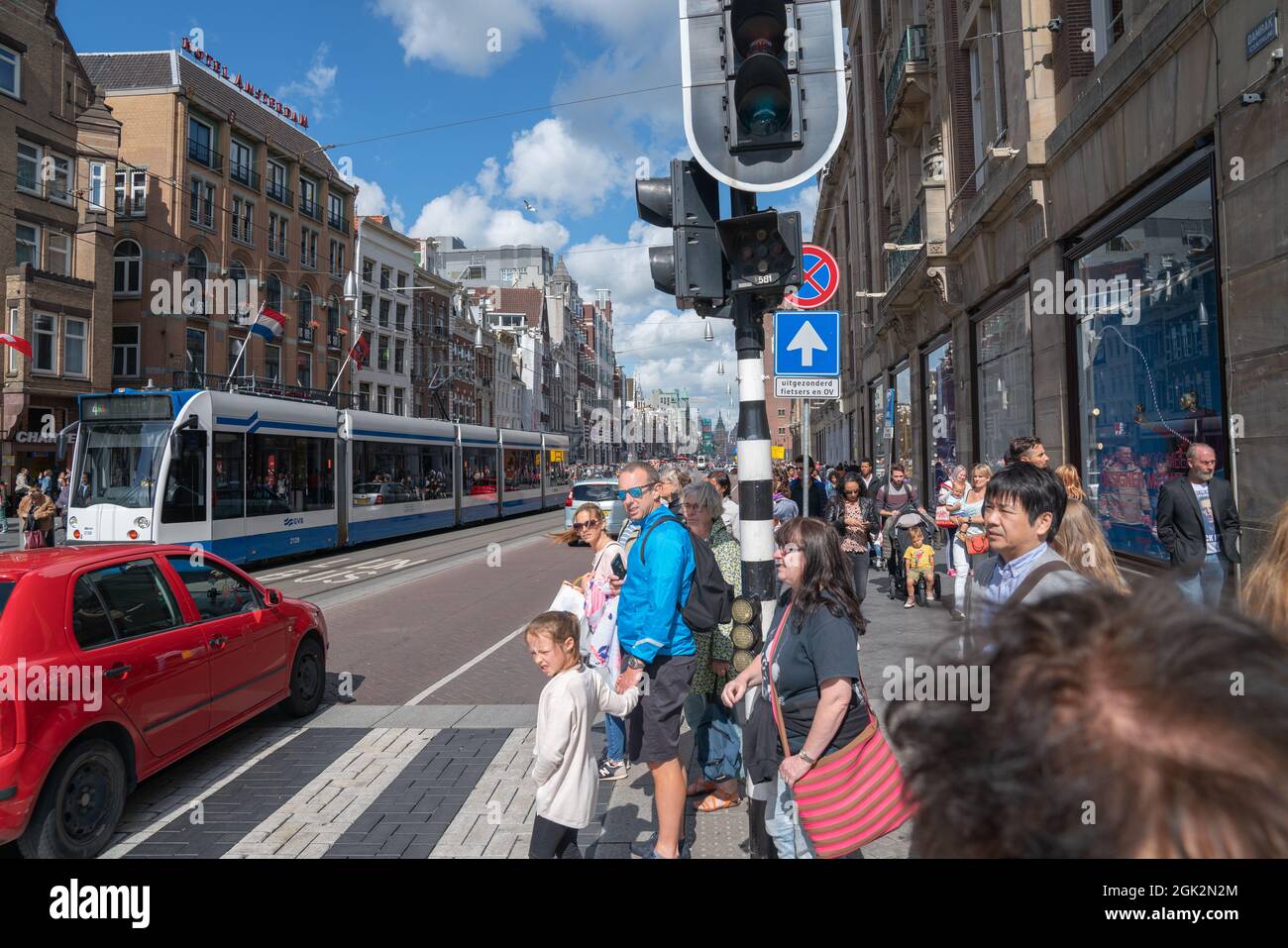 Amsterdam Netherlands - August 20 2017; Busy sidewalk in city with ...