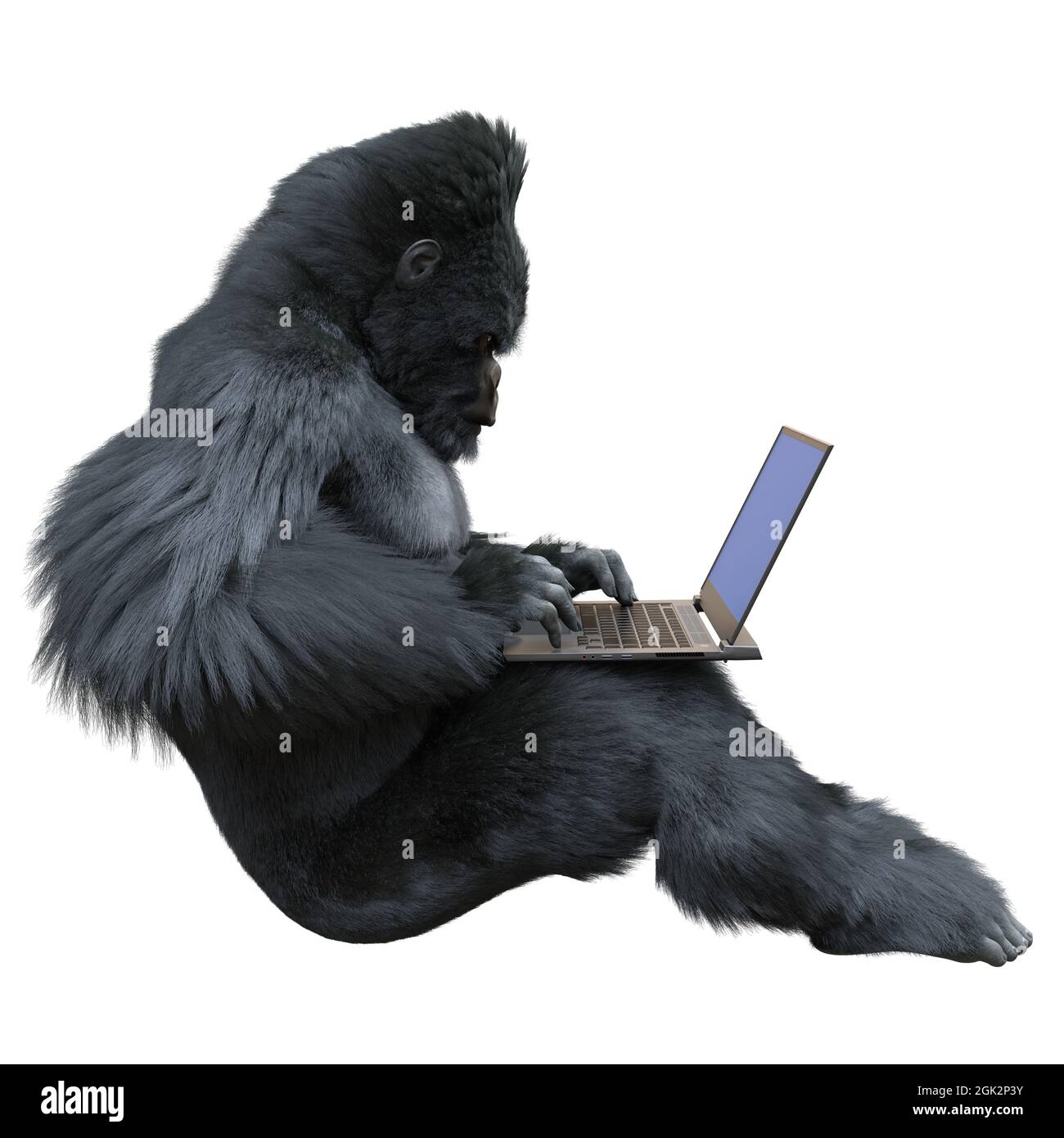 Black silver gorilla with laptop concept 3d illustration isolated on ...